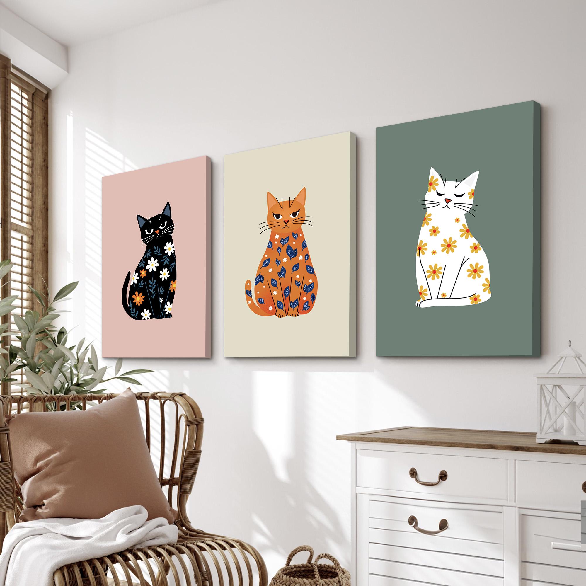 Boho Floral Cat Art Prints, Cute Cat Triptych, Playful Feline Wall Art ...