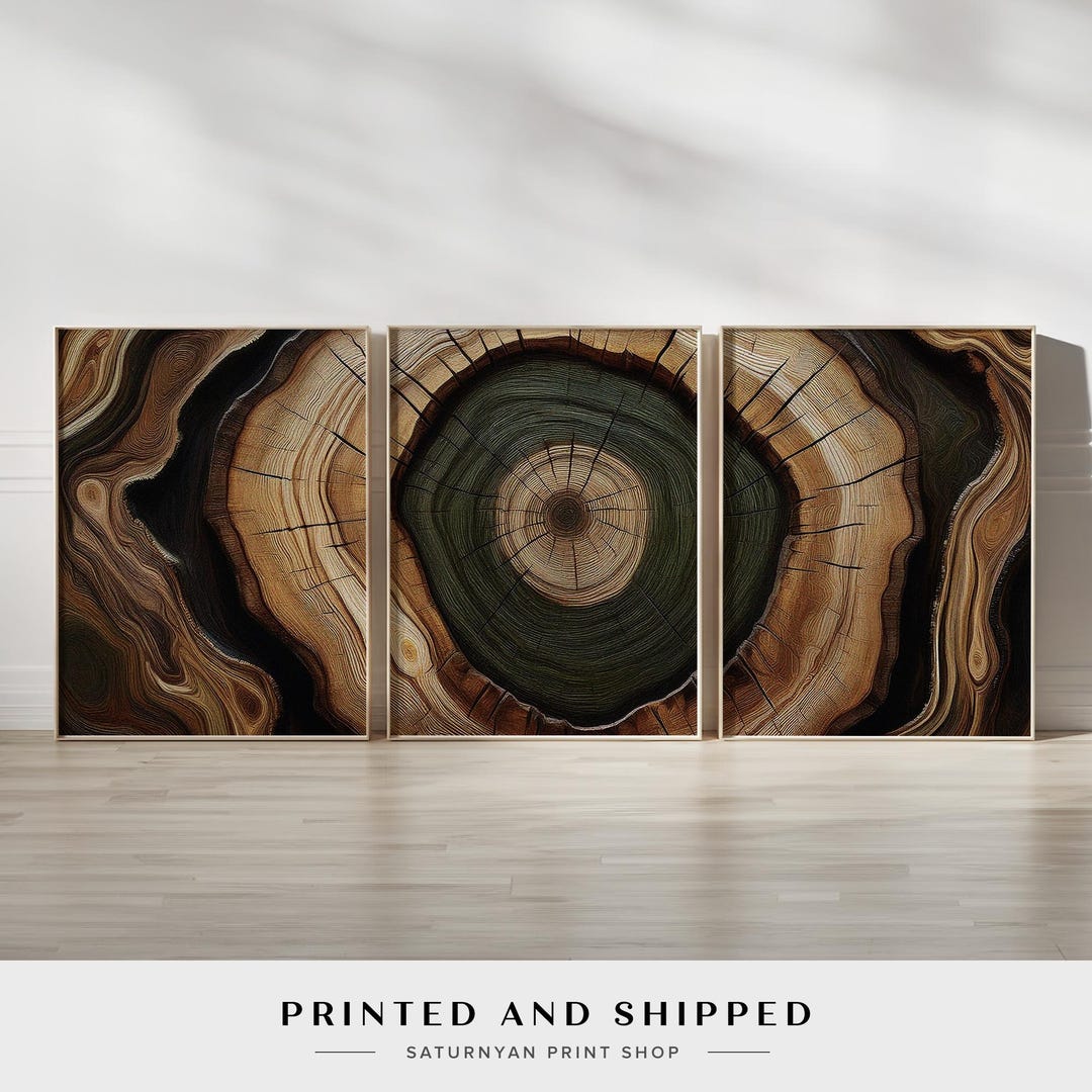 Set of 3 Earthy Tree Ring Wall Art – Abstract Green and Brown Pattern ...