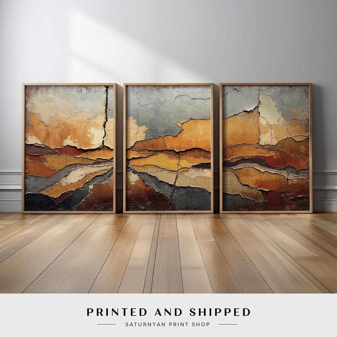 Rustic Earth Abstract Canvas Prints Wall Art Set of 3 | Cracked Terrain ...