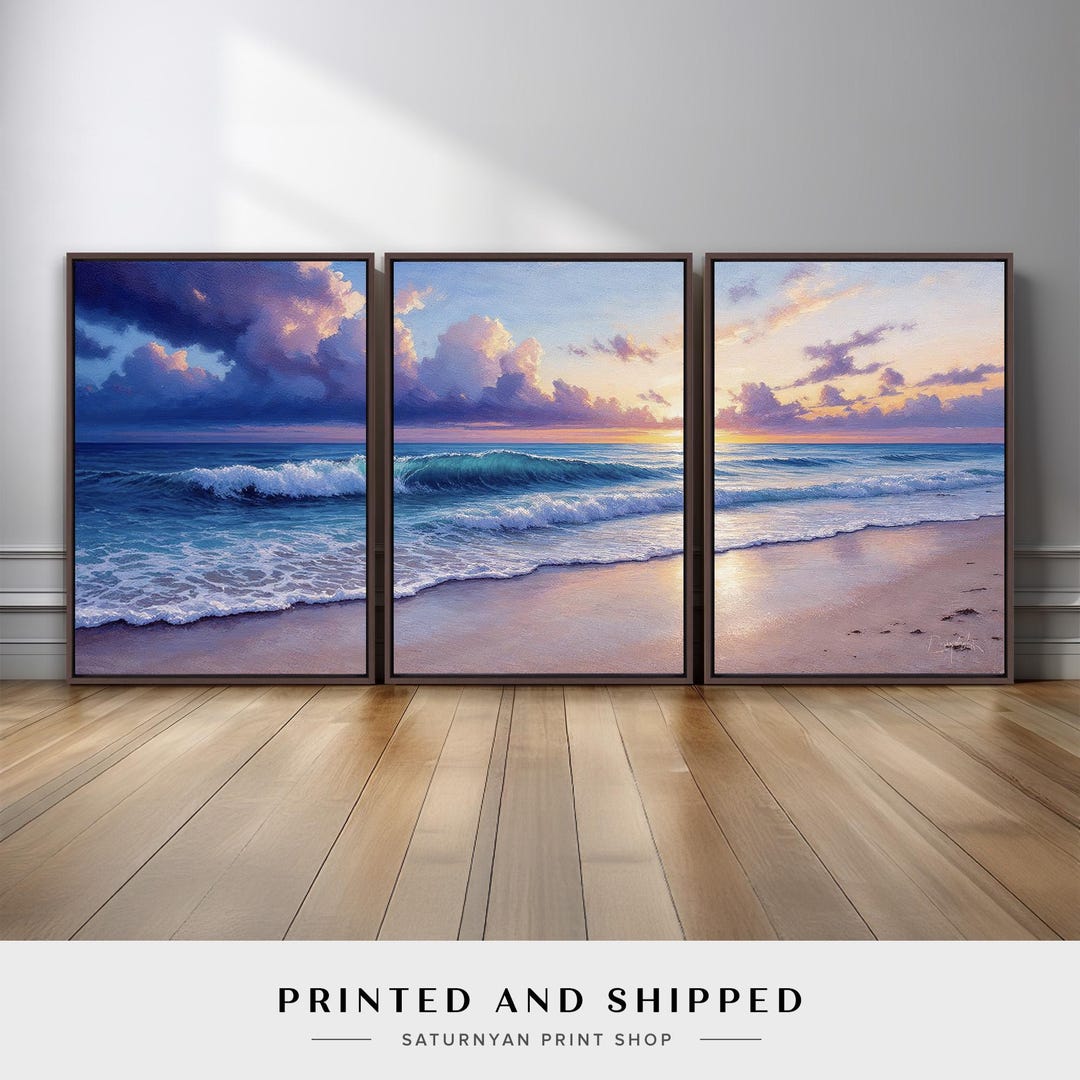 Ocean Wave Wall Art Triptych | Coastal Beach Sunset Canvas Prints Set ...