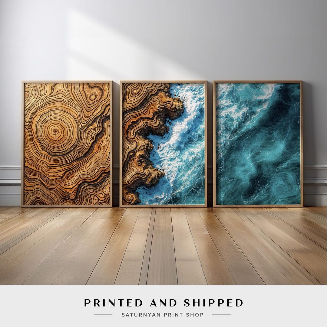 Rustic Coastal Wall Art Set of 3 | Geological Wood Grain and Ocean Wave ...