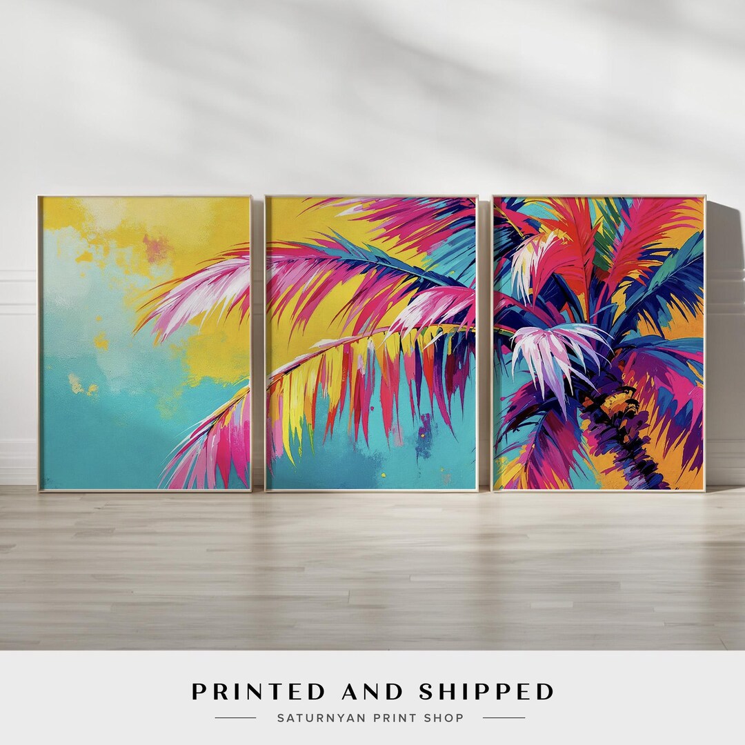 Colorful Palm Tree Wall Art - Set of 3 Modern Tropical Abstract Art in ...