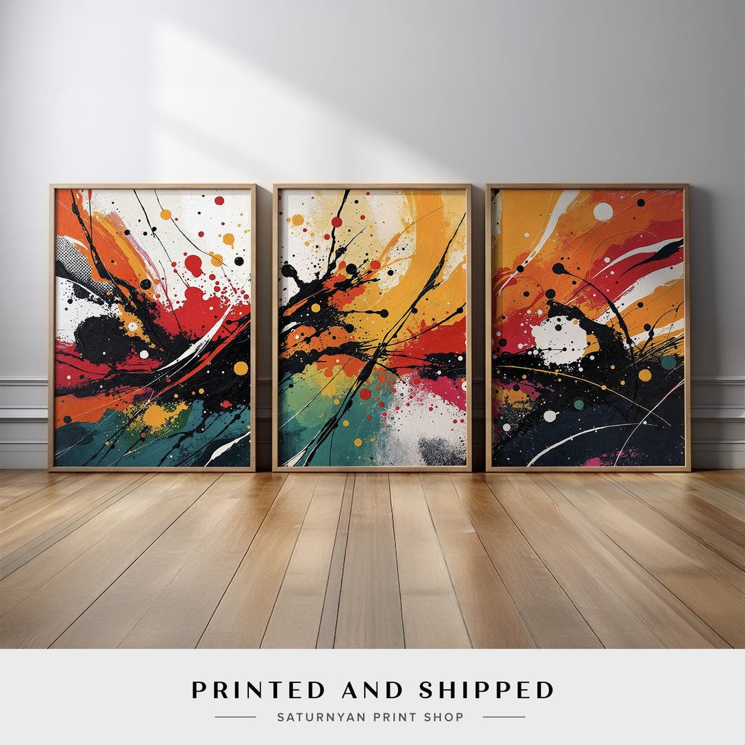 Colorful Abstract Wall Art Set of 3 | Vibrant Splatter Paint Poster or ...