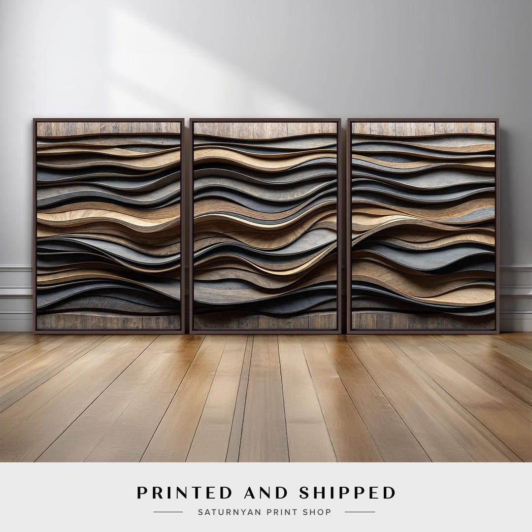 Layered Wood Wave Wall Art Set of 3 | Neutral Earth Tone Triptych With ...