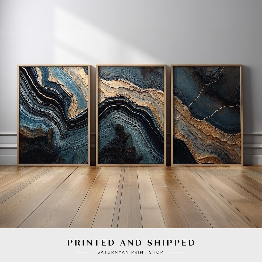 Abstract Deep Ocean Stone Wall Art Triptych | Blue and Gold Canvas ...