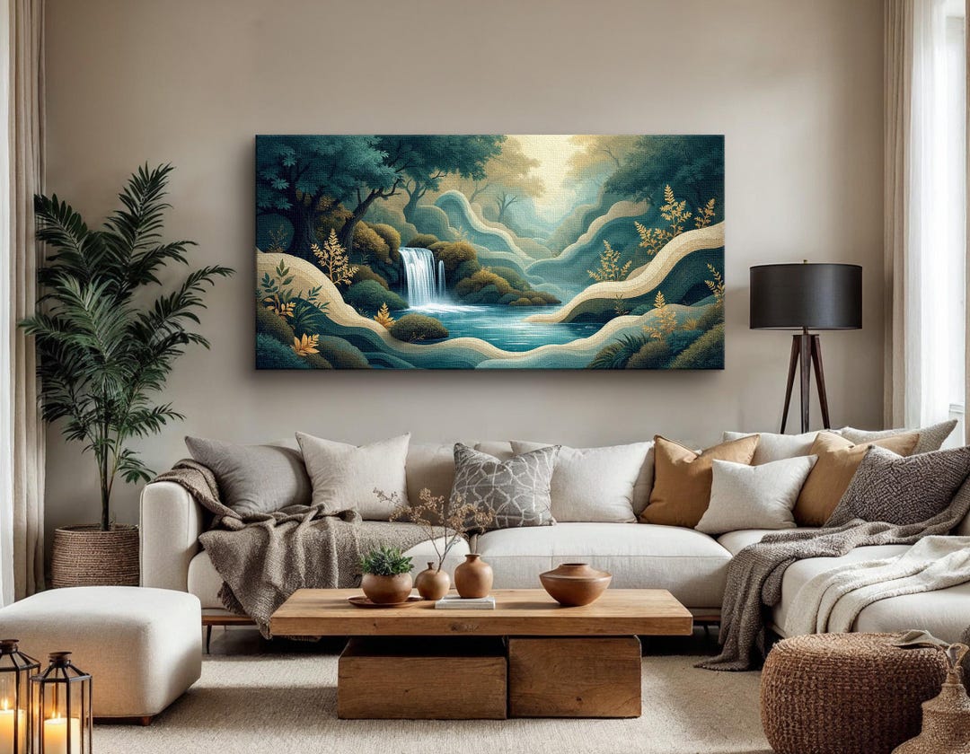 Serene Waterfall Forest Landscape Wall Art, Tranquil Nature Scene ...