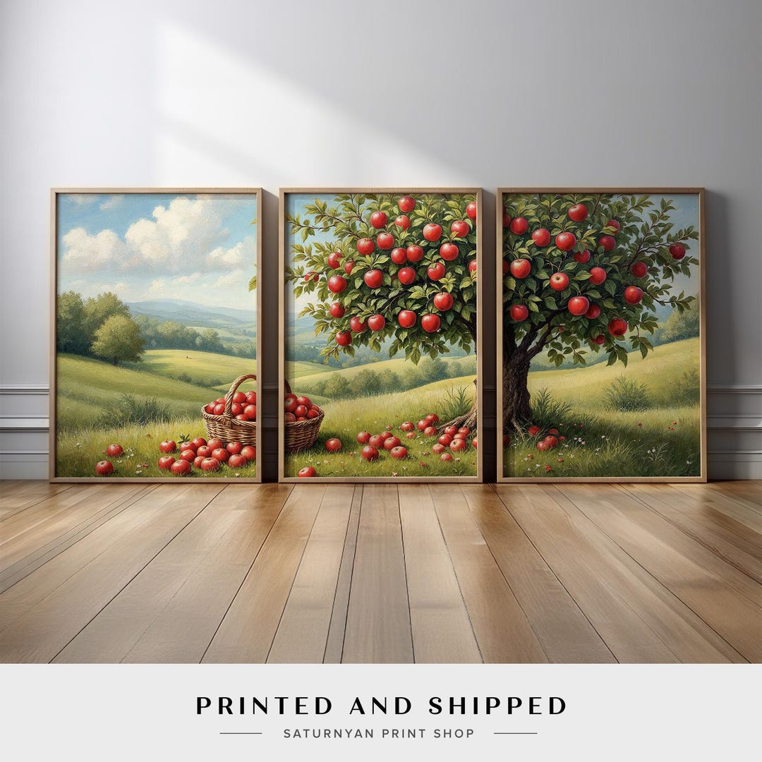 Apple Orchard Wall Art Set of 3 | Countryside Landscape With Red Apples ...