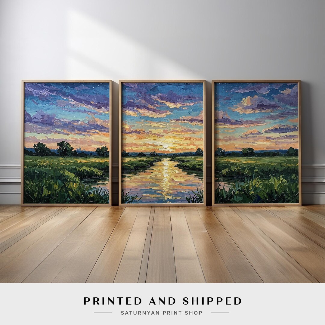 Impressionist Sunset River Landscape Triptych Wall Art | Vibrant Sky ...