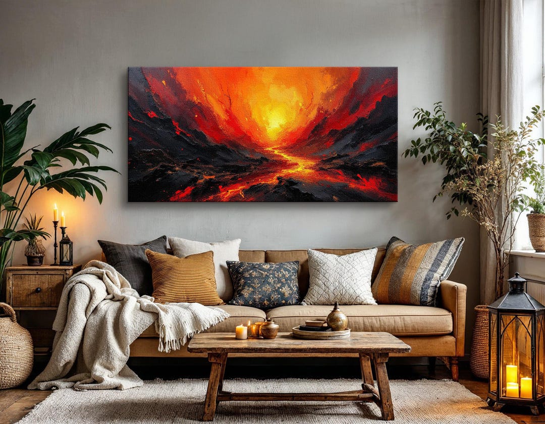 Volcanic Landscape Wall Art, Fiery Lava Flow Canvas Print With Intense ...