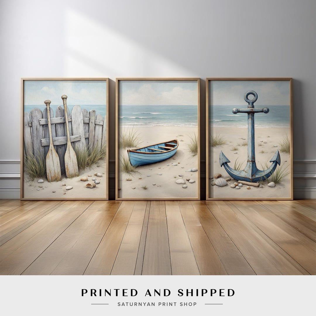 Coastal Beach Wall Art Set of 3 | Rustic Nautical Triptych With Boat ...