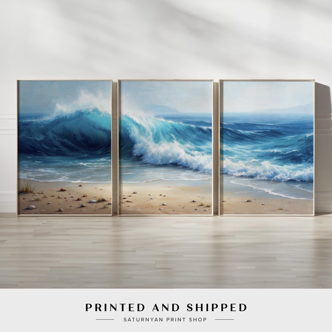 Set of 3 Ocean Wave Wall Art Prints - Coastal Beach Scene With Vibrant ...