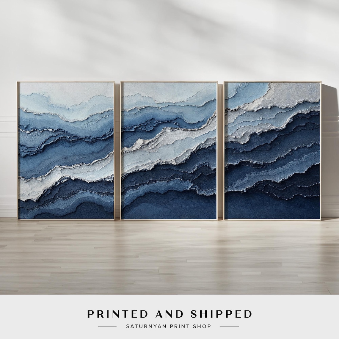 Ocean Wave Abstract Wall Art Set of 3 | Deep Blue Sea Triptych With ...