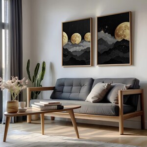 Modern Moon Phase Wall Art - Set of 3 Celestial Featuring Black-gold ...