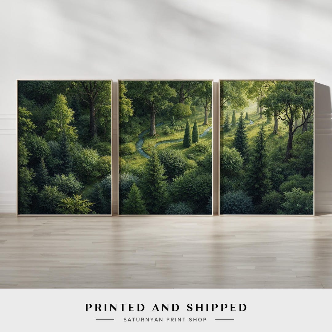 Serene Forest Stream Wall Art – Set of 3 Green Nature Prints With Lush ...