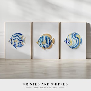 3-piece Fish Wall Art - Modern Coastal Blue and White Fish Prints Set ...