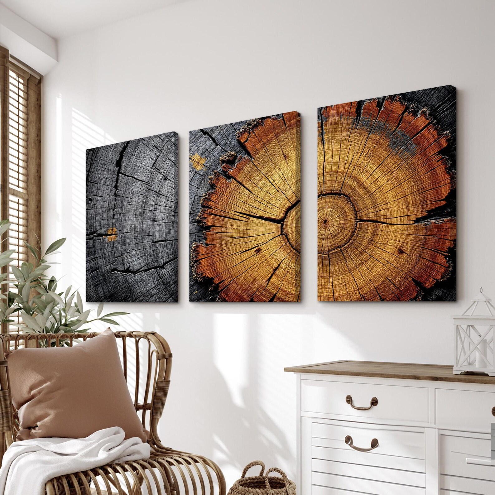 Rustic Tree Trunk Wall Art Triptych | Golden and Charcoal Wood Grain ...