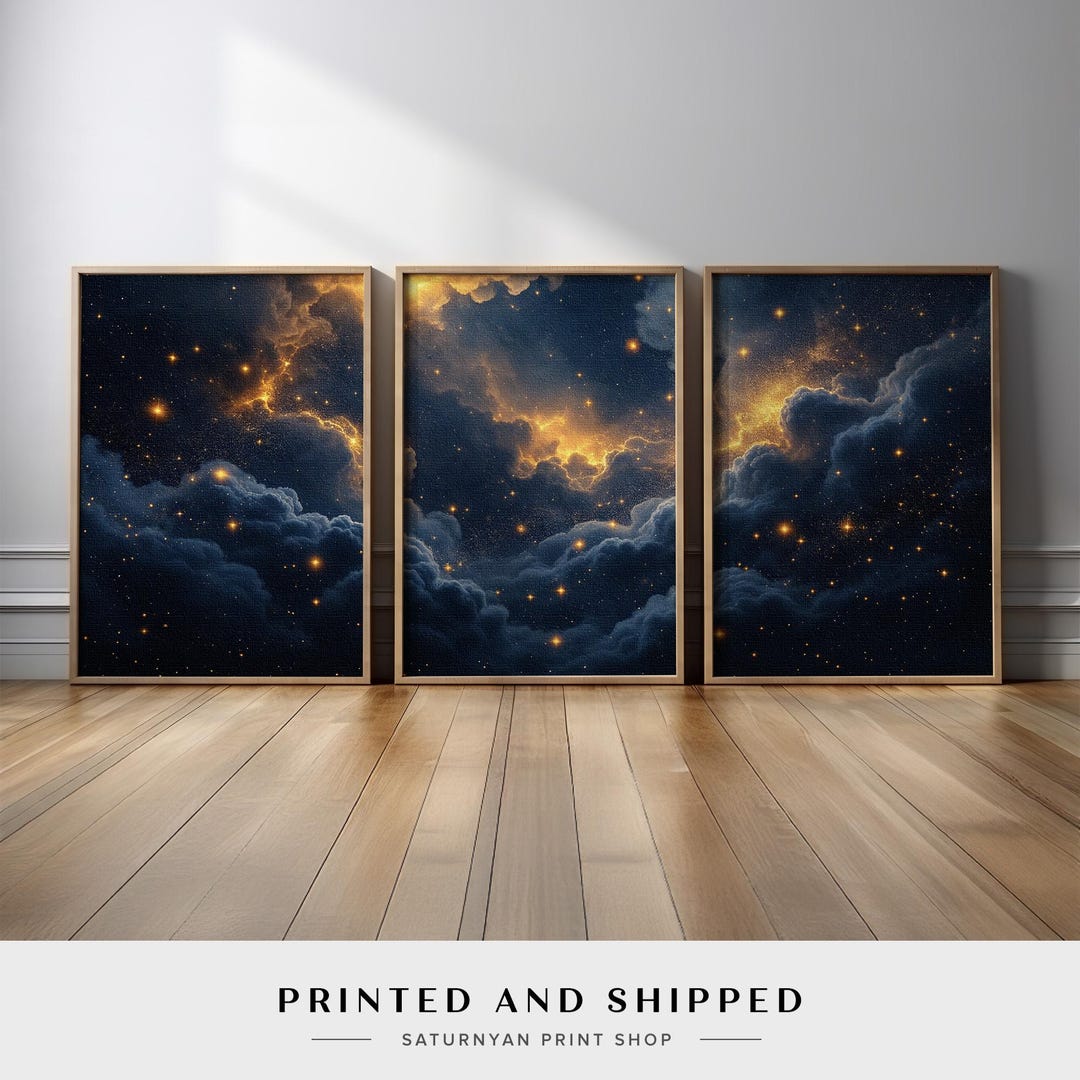 Celestial Night Sky Triptych Wall Art | Cosmic Cloud and Star Set of 3 ...