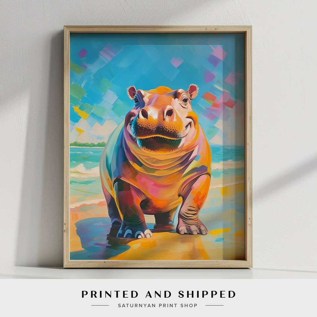 Cute Hippo on the Beach, Hippo and Ocean Waves, Coastal Wall Decor ...