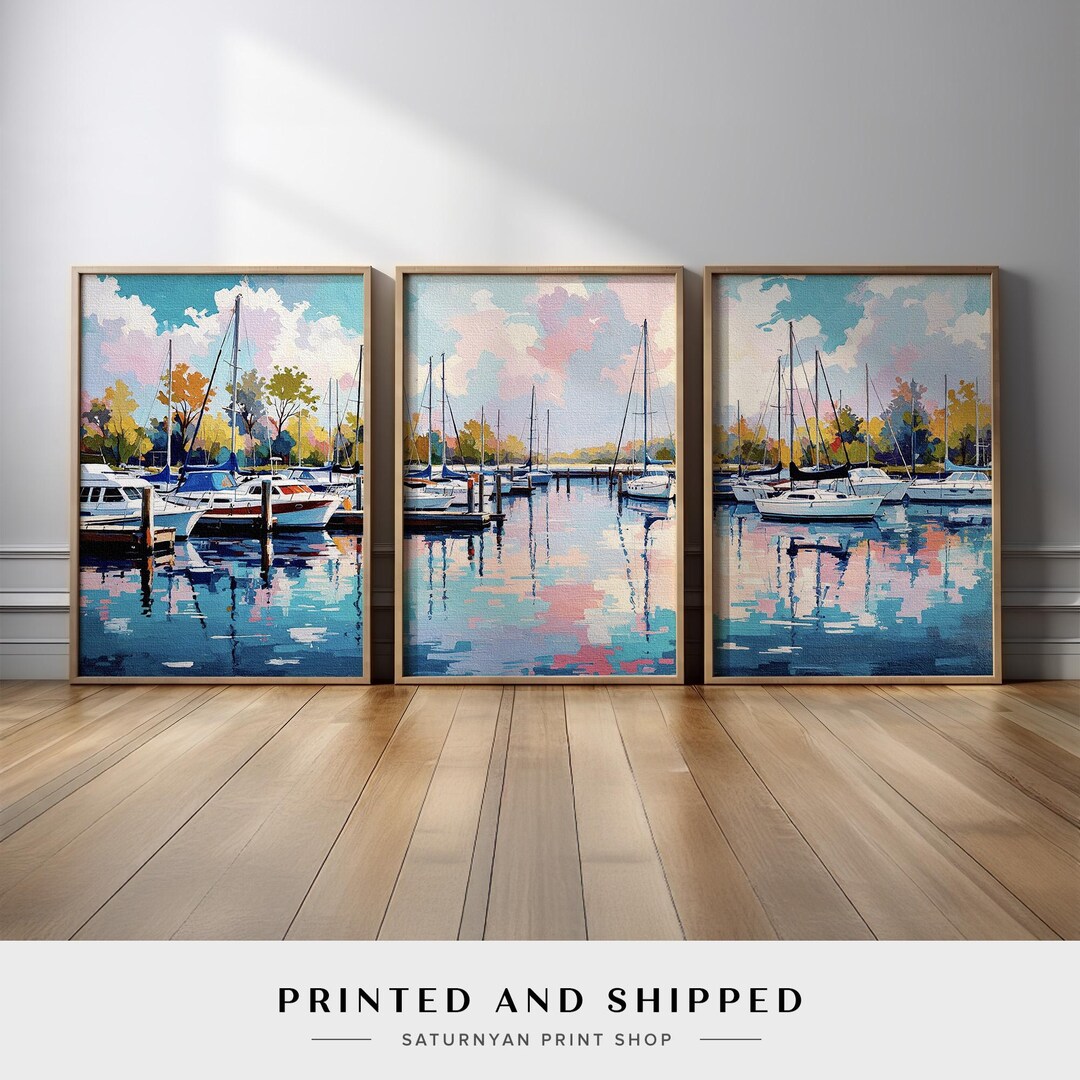 Harbor Marina Boats Wall Art | Set of 3 Coastal Nautical Canvas Prints ...