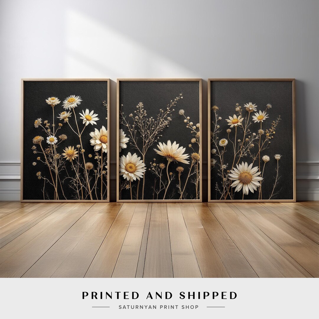 Floral Wall Art Set of 3 | White Daisy and Wildflower Botanical Triptych on Dark Background ...