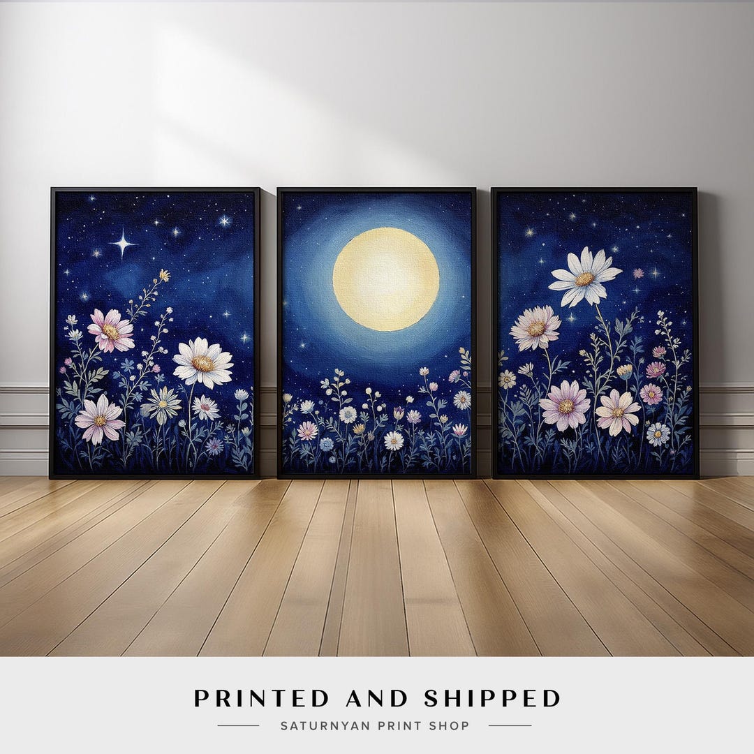 Moonlight Flower Wall Art Set of 3 | Daisies and Wildflowers Under Full ...