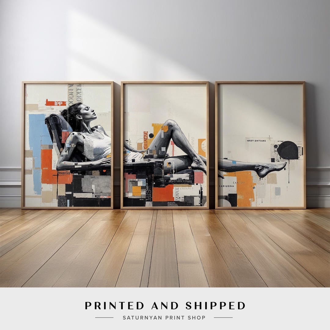 Modern Abstract Woman Wall Art Set of 3 | Mixed Media Collage Style ...