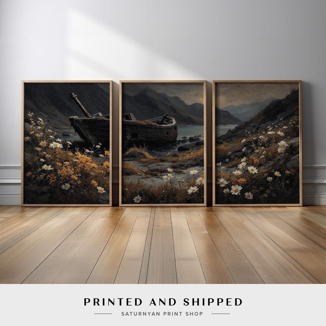 Rustic Lakeside Wall Art With Shipwreck Boat & Wildflowers | Moody ...