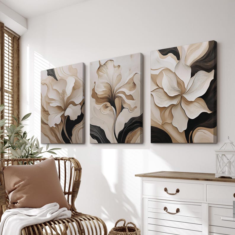 Elegant Black Beige Abstract Flower Art Set - Modern Minimalist ...