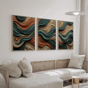 Set of 3 Earthy Abstract Wave Wall Art - Organic Flowing Layers Wall ...