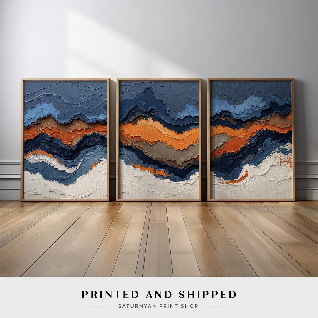 Modern Abstract Wave Triptych Wall Art | Navy Blue, Burnt Orange ...