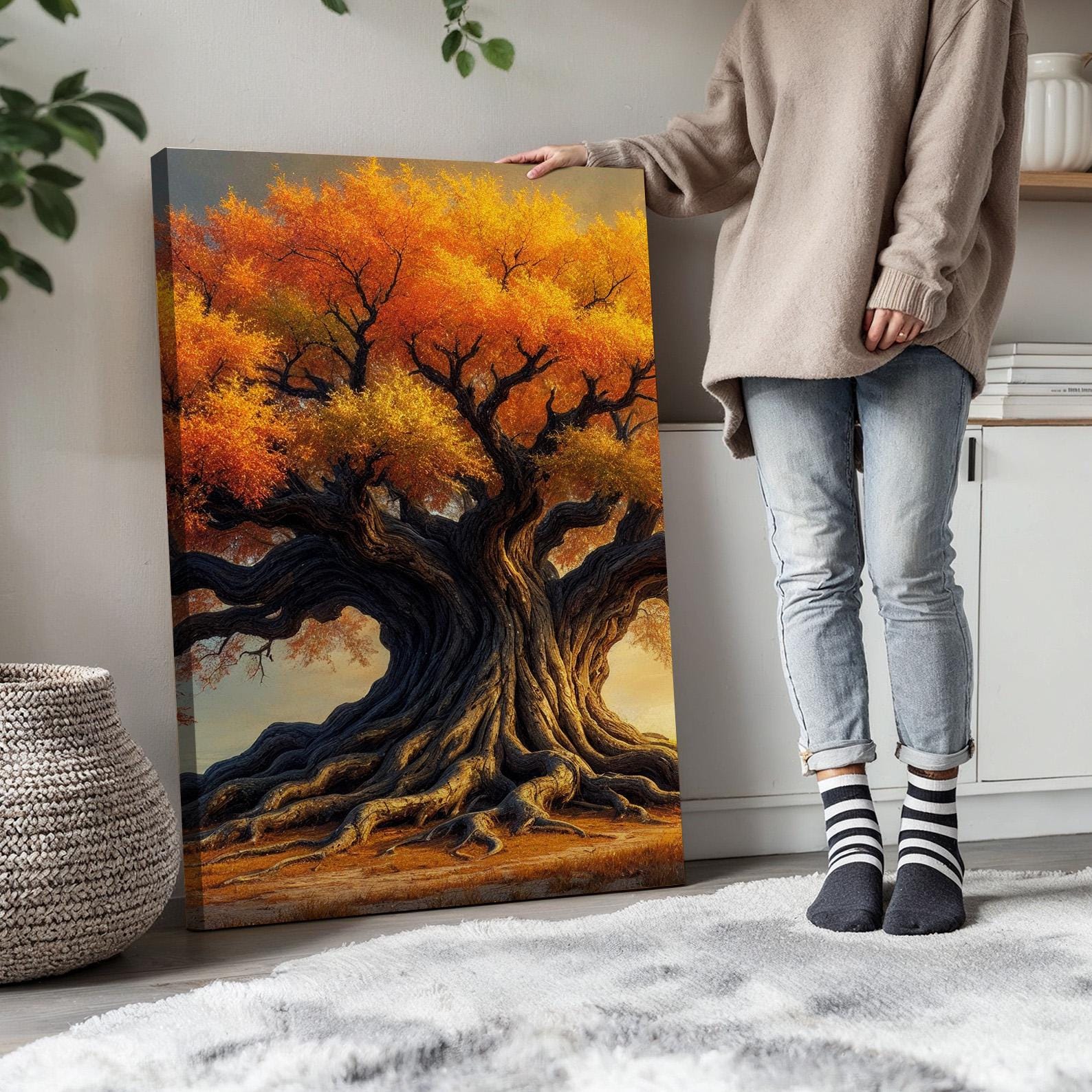 Rustic Autumn Tree Wall Art Triptych | Golden and Orange Foliage Canvas ...