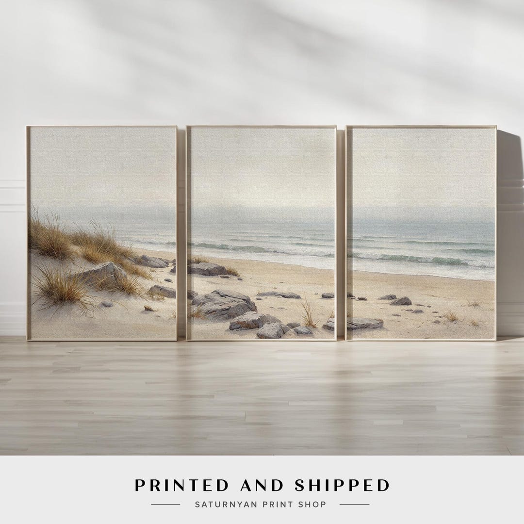Coastal Beach Triptych Wall Art Set of 3 | Neutral Toned Ocean Shore ...