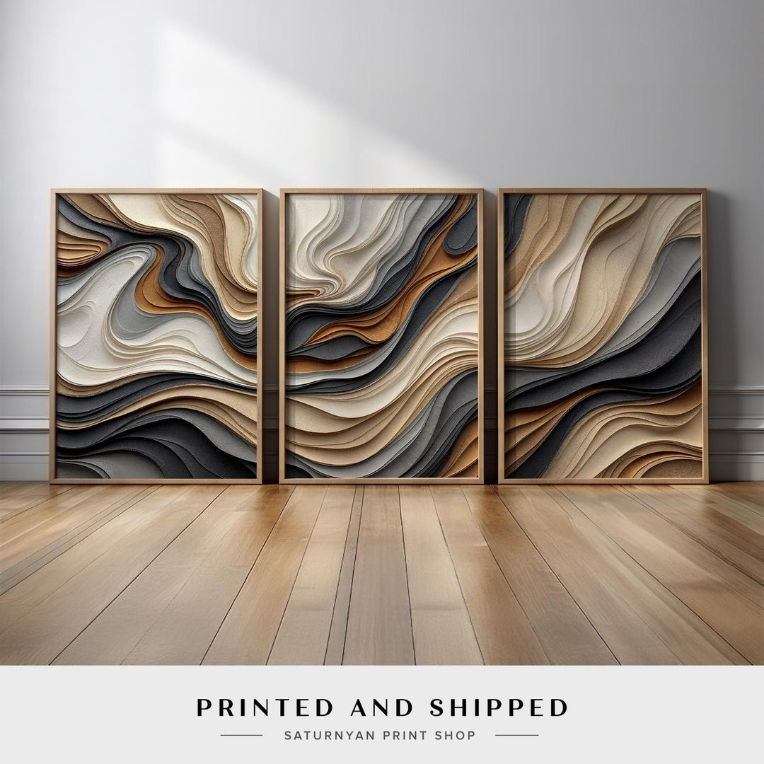 Earthy Modern Abstract Triptych Wall Art | Flowing Black, Tan and Cream ...