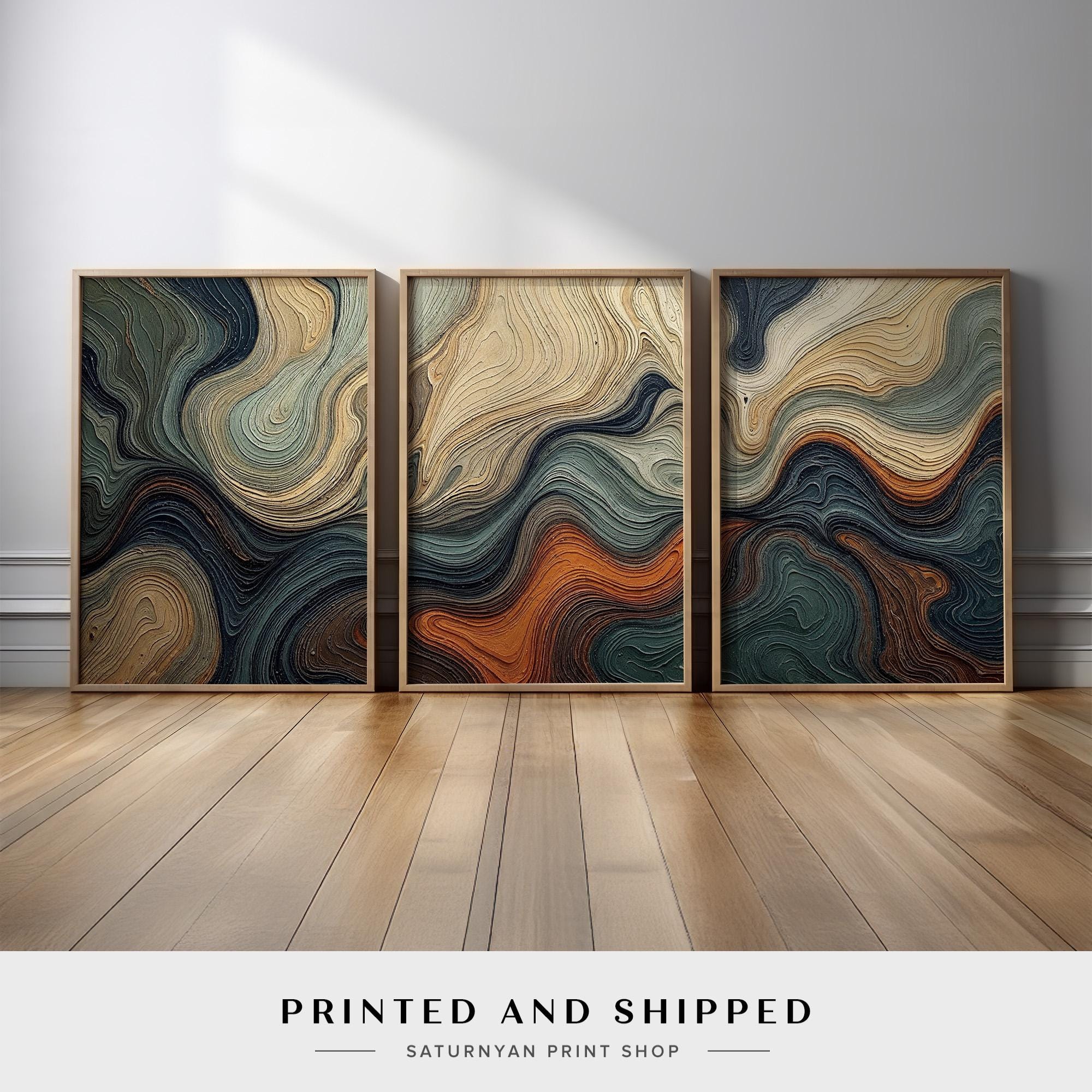 Topographic Swirl Abstract Wall Art Set of 3 | Green Beige Rust Canvas ...