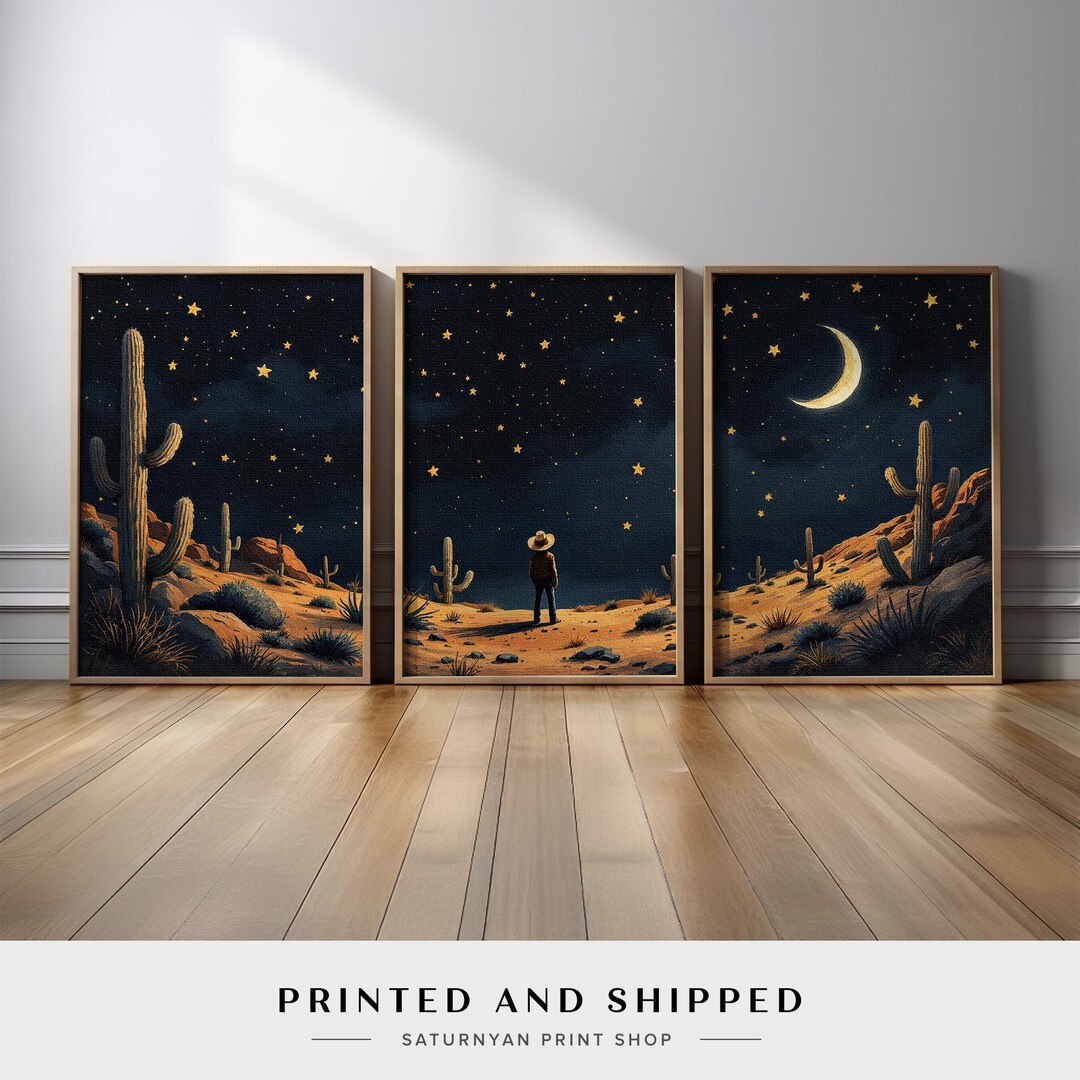 Western Desert Starry Night Triptych Canvas Prints | Cowboy Under Moon ...