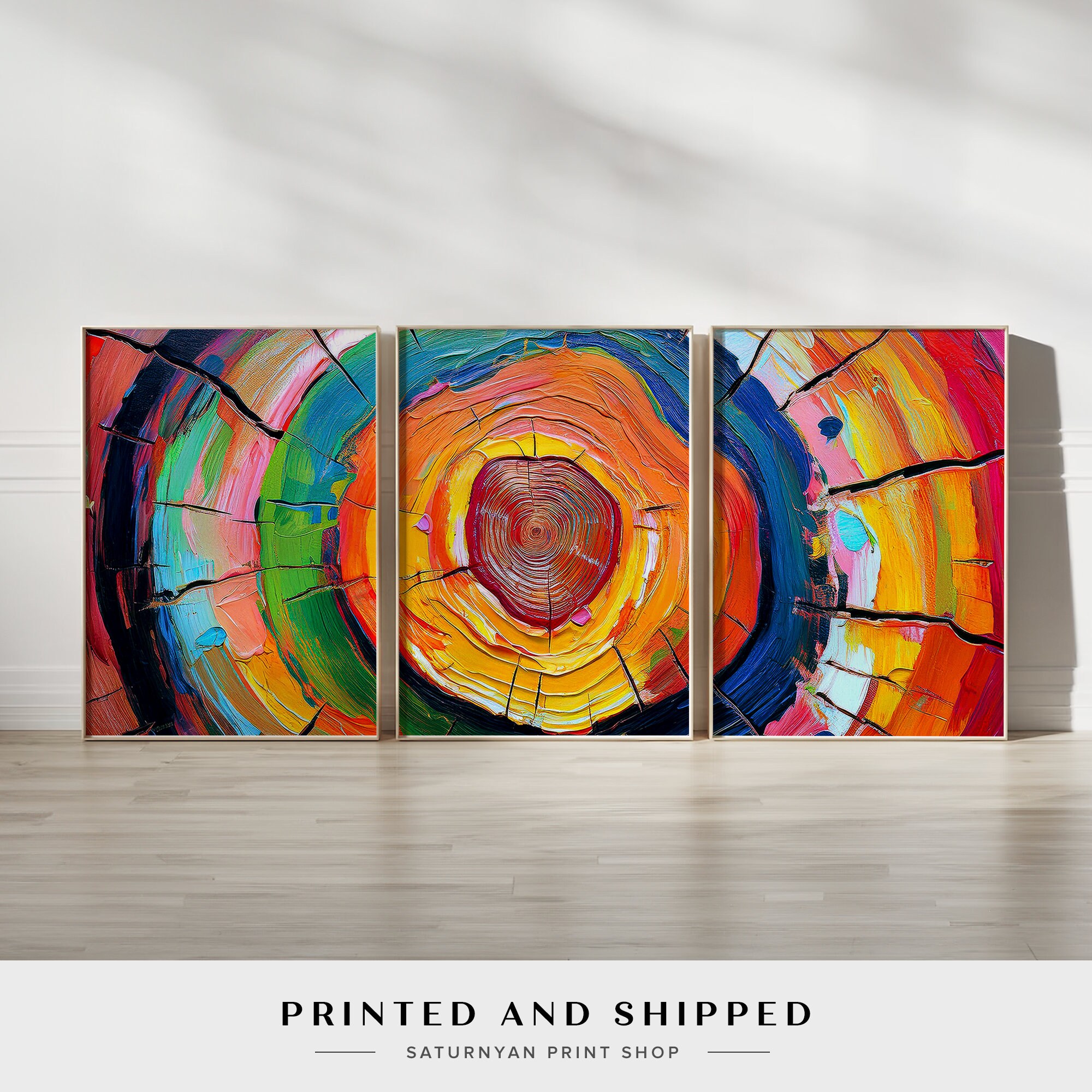 Colorful Tree Ring Abstract Art Set Natural Wood Pattern Prints, Earthy ...