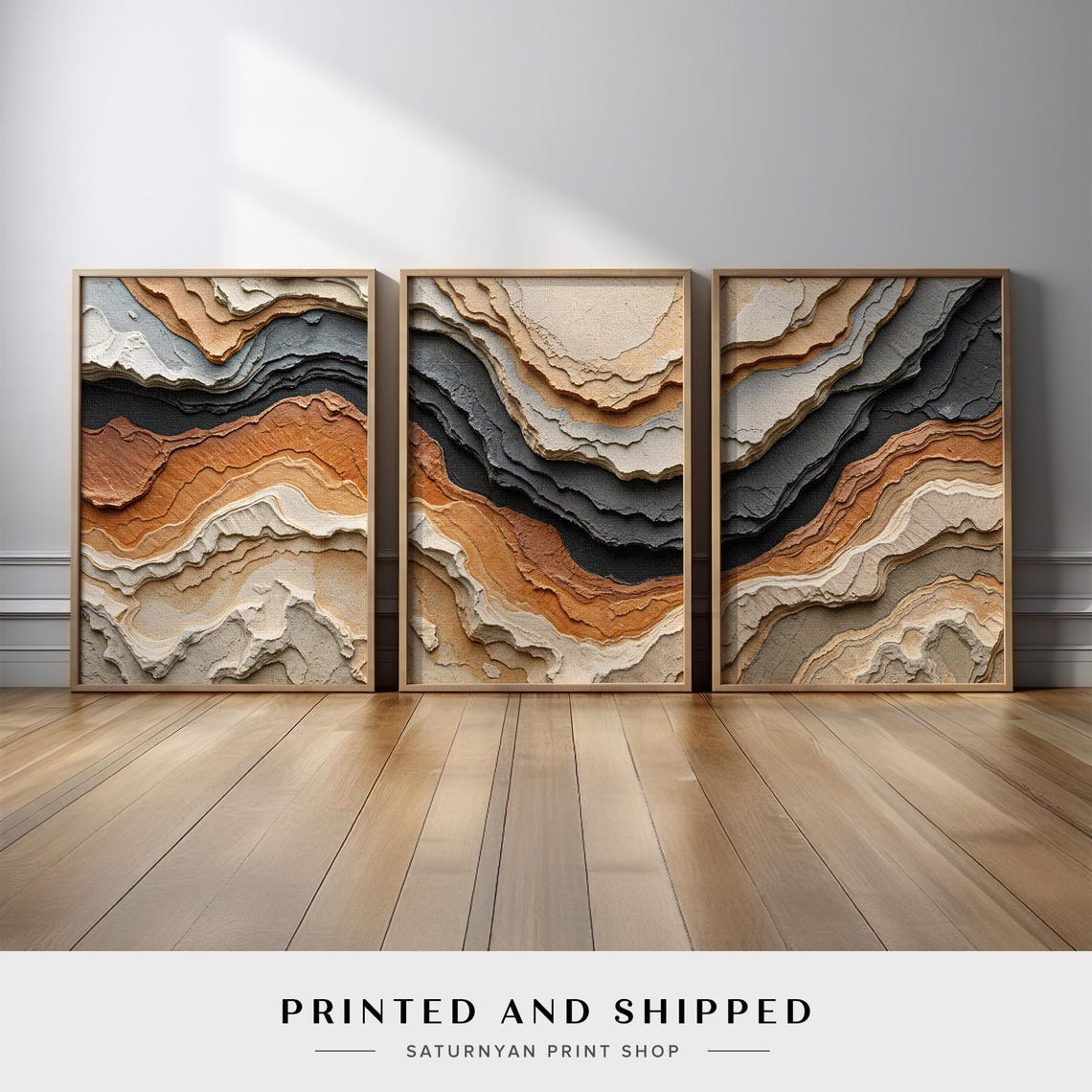 Layered Geological Wall Art Set of 3 | Earth Tone Abstract Canvas ...