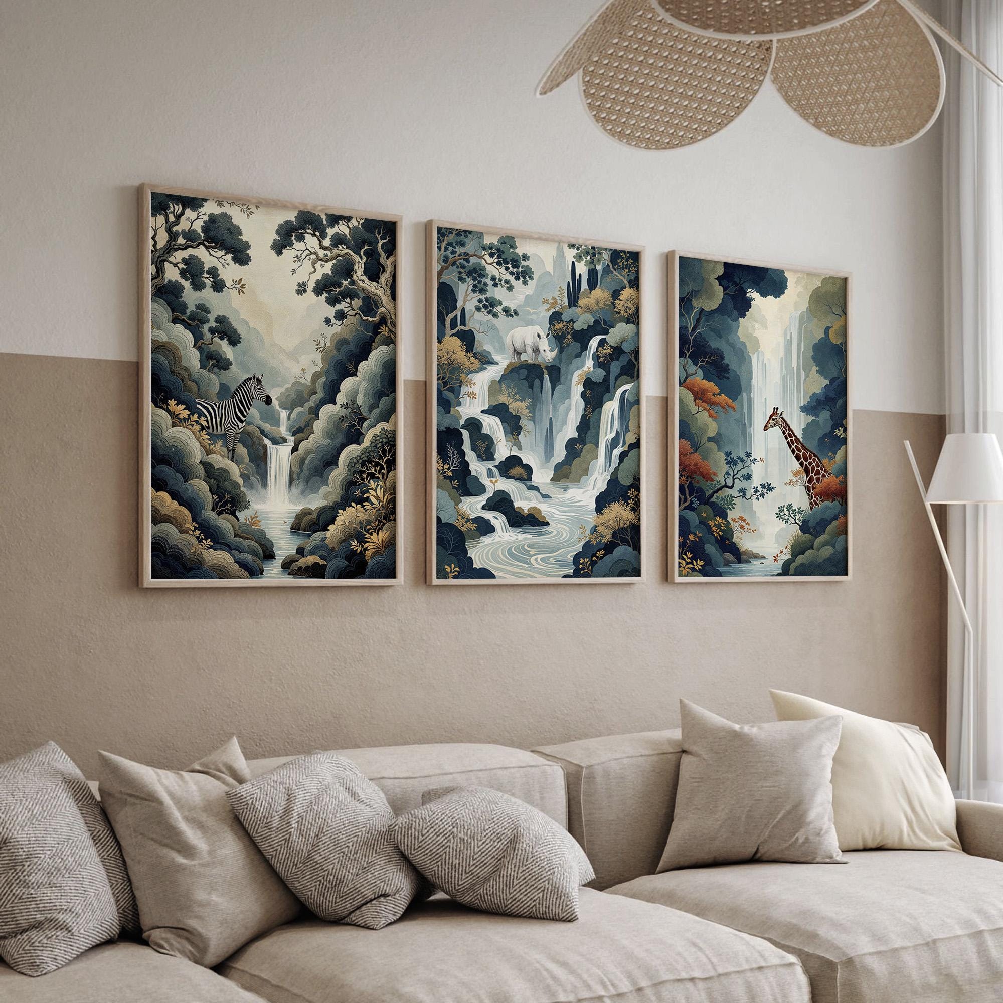 Jungle Safari Animal Wall Art Zebra, Rhino, and Giraffe Waterfall Scene ...