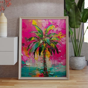 Tropical Palm Tree Art, Coastal Palm Tree Painting, Vibrant Pink Palm ...
