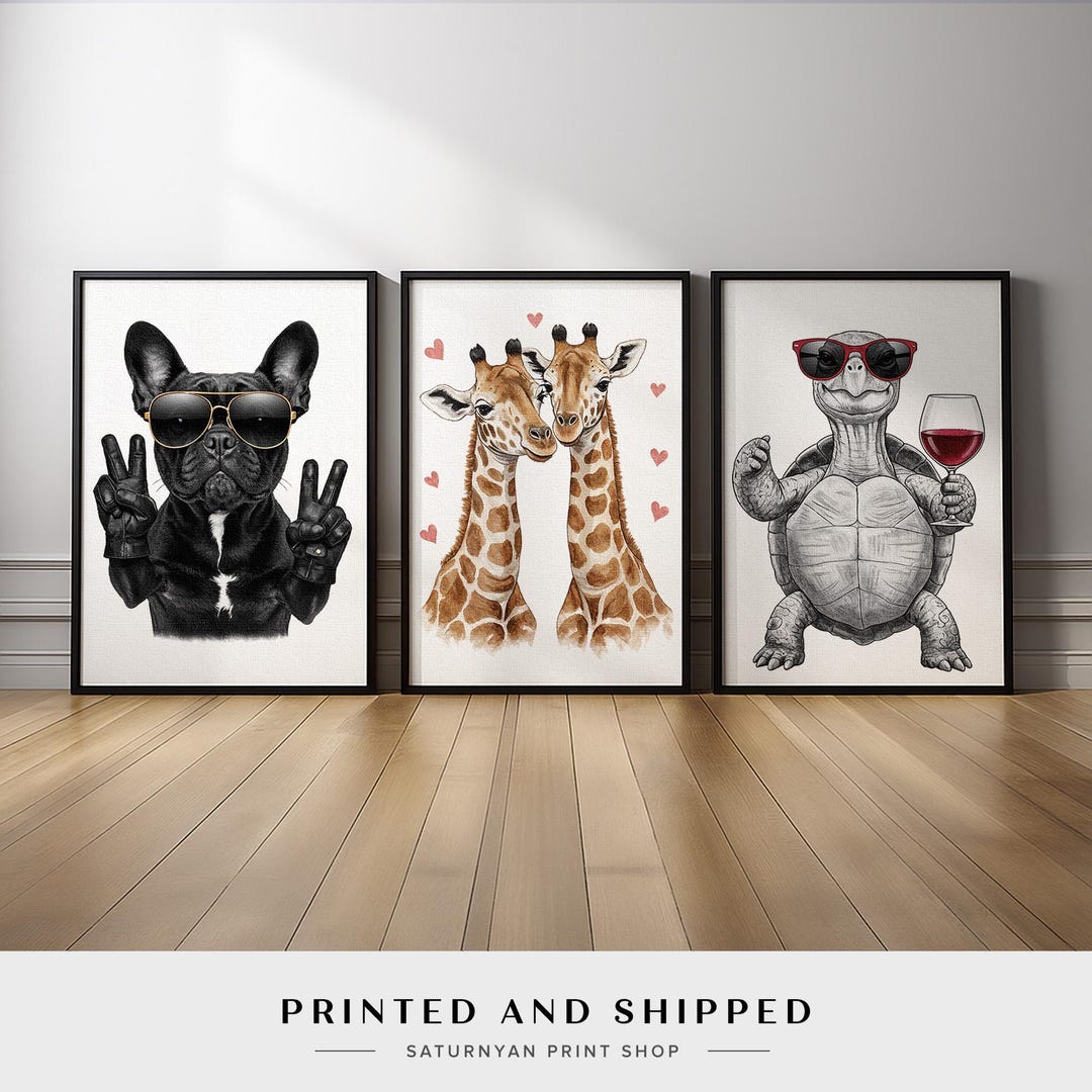 Funny Animal Wall Art Set of 3 | Whimsical Painting Triptych With Cool ...