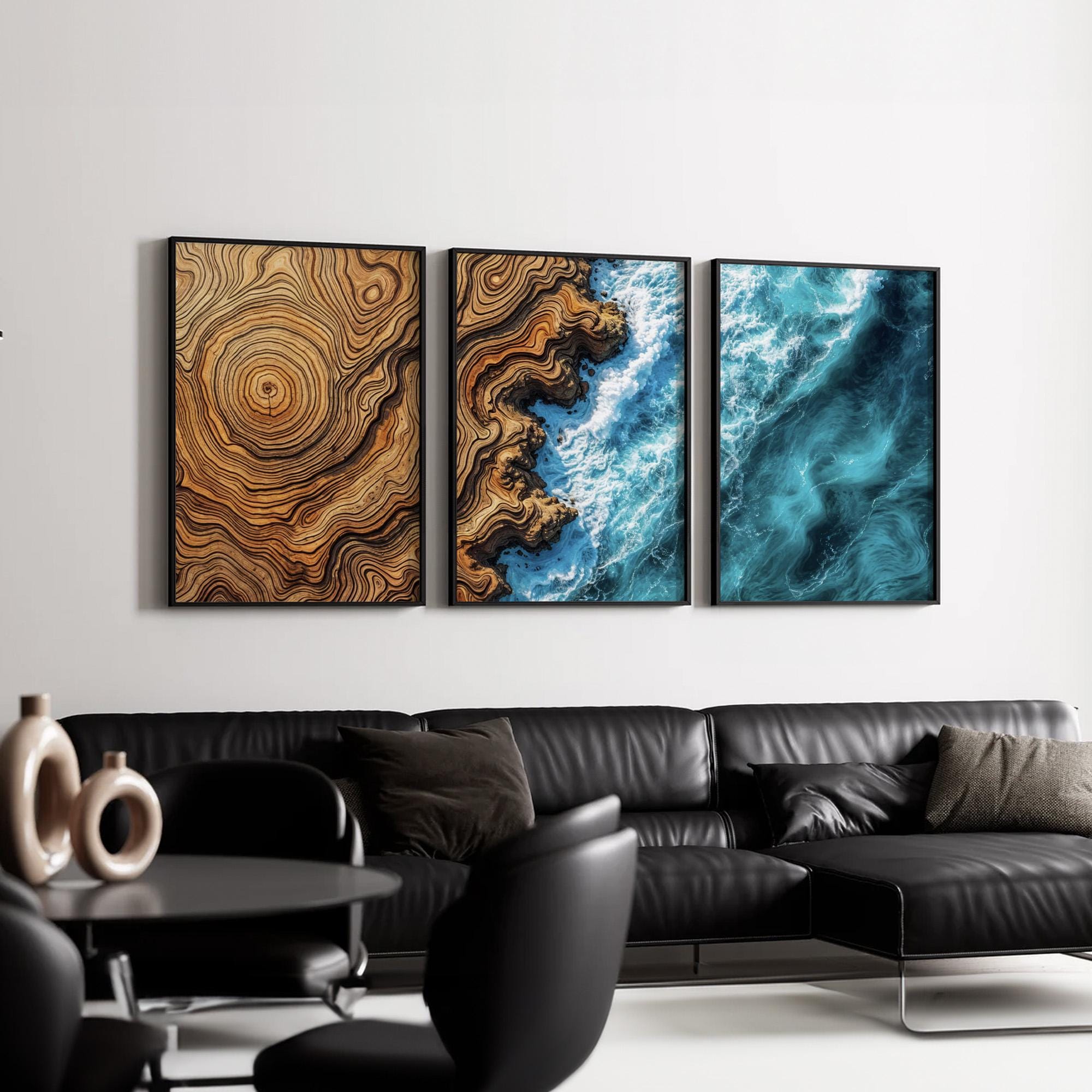 Rustic Coastal Wall Art Set of 3 | Geological Wood Grain and Ocean Wave ...