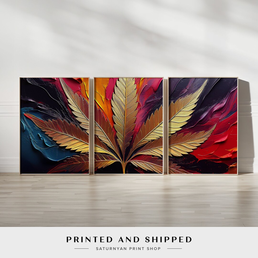 Cannabis Art Set of 3 Bold and Colorful Marijuana Leaf Paintings ...