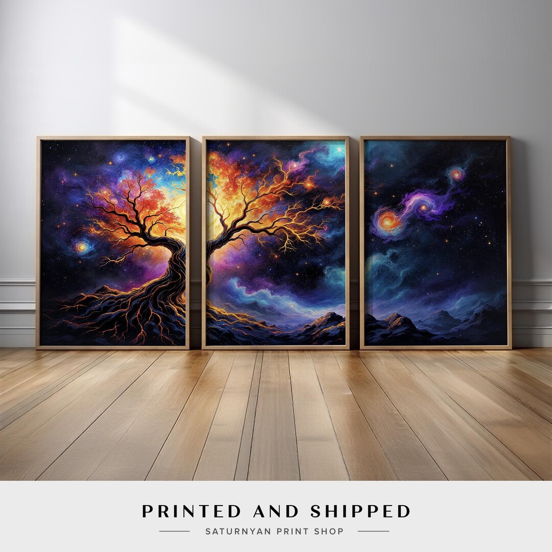 Cosmic Tree Wall Art Set of 3 | Vibrant Galaxy Triptych Canvas Prints ...