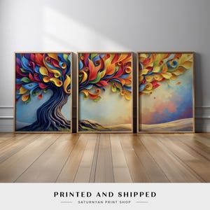 Set of 3 Colorful Abstract Tree Canvas Prints | Rainbow Leaves Swirling ...