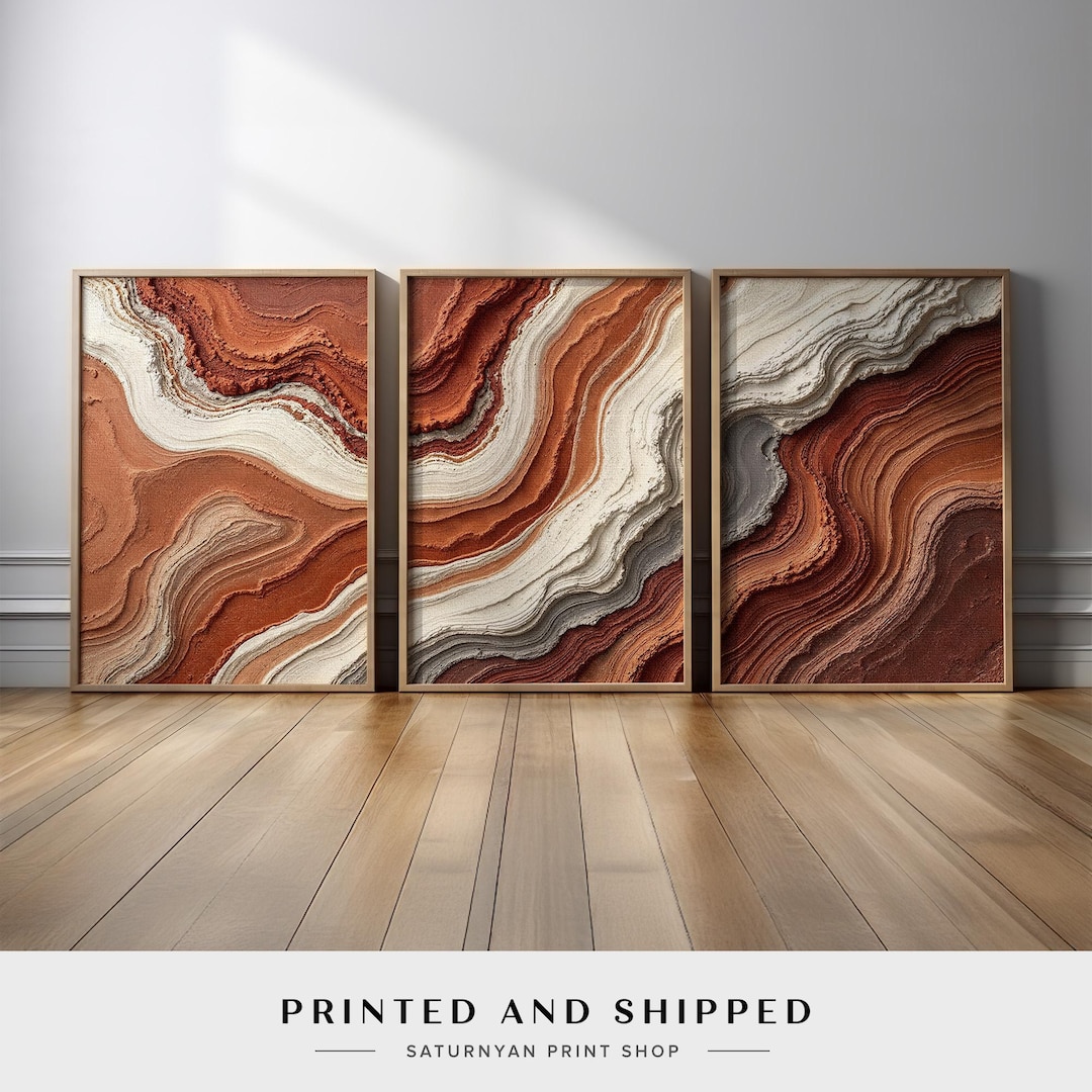Terracotta Abstract Wall Art Set of 3 | Geology Inspired Layered Rock ...