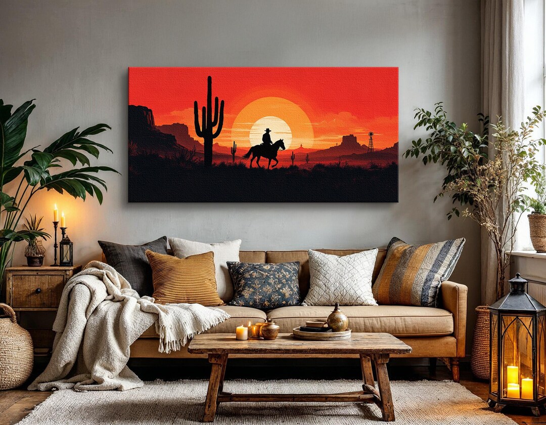 Western Cowboy Wall Art, Desert Sunset Canvas Print, Rustic ...
