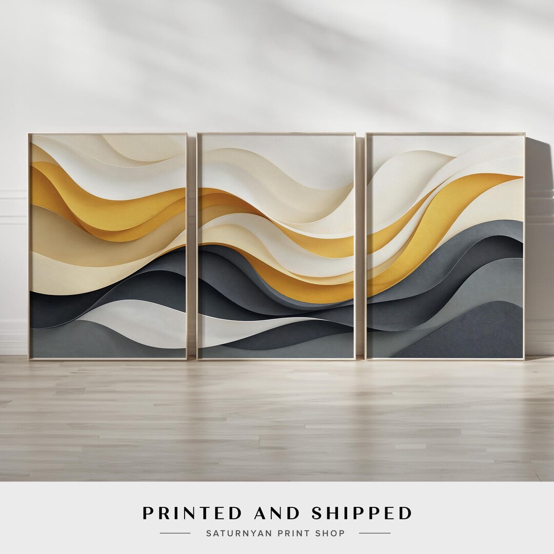 Modern Abstract Wave Wall Art | Minimalist Set of 3 Prints in Gold ...