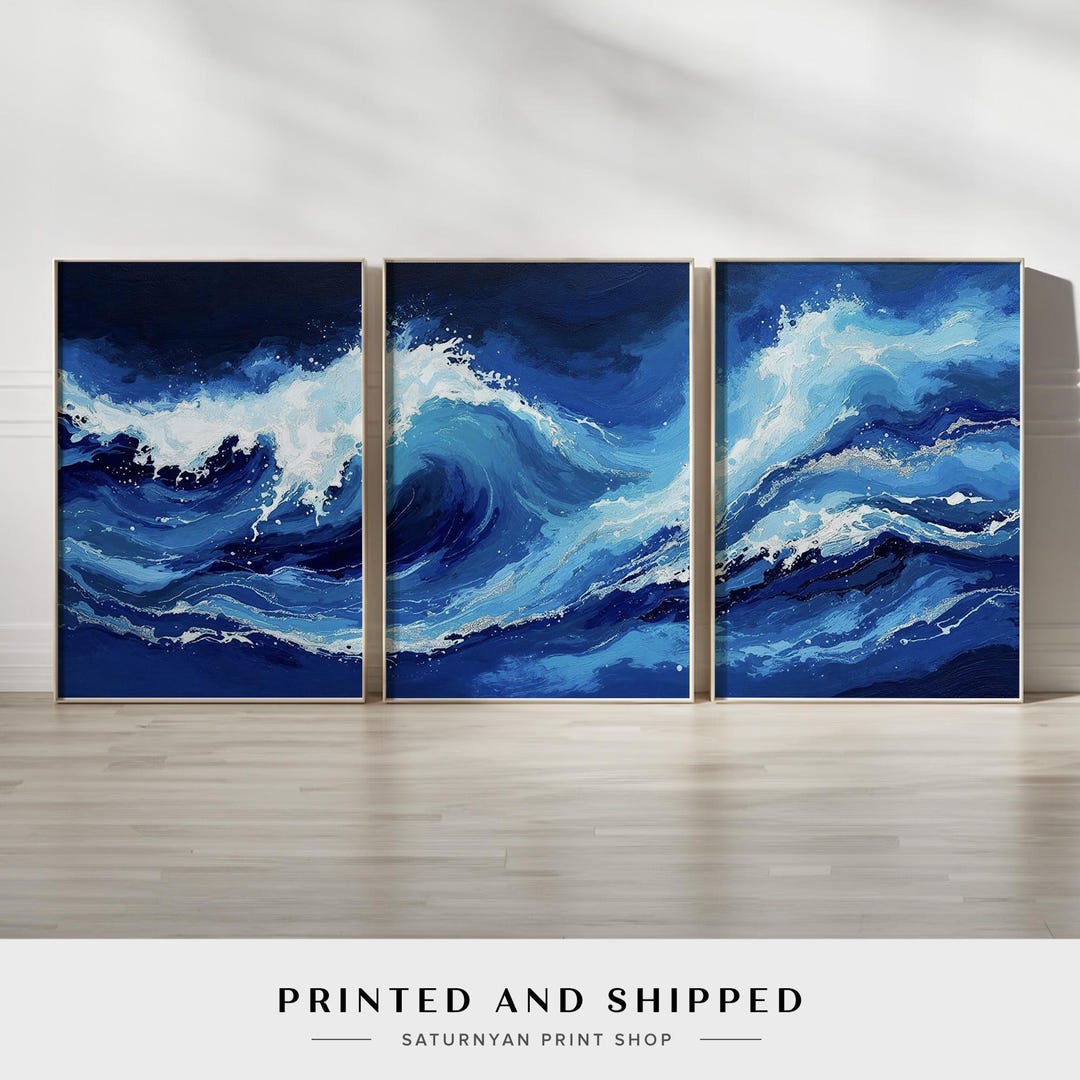 Ocean Wave Canvas Print Wall Art Triptych Set | Modern Blue Coastal ...