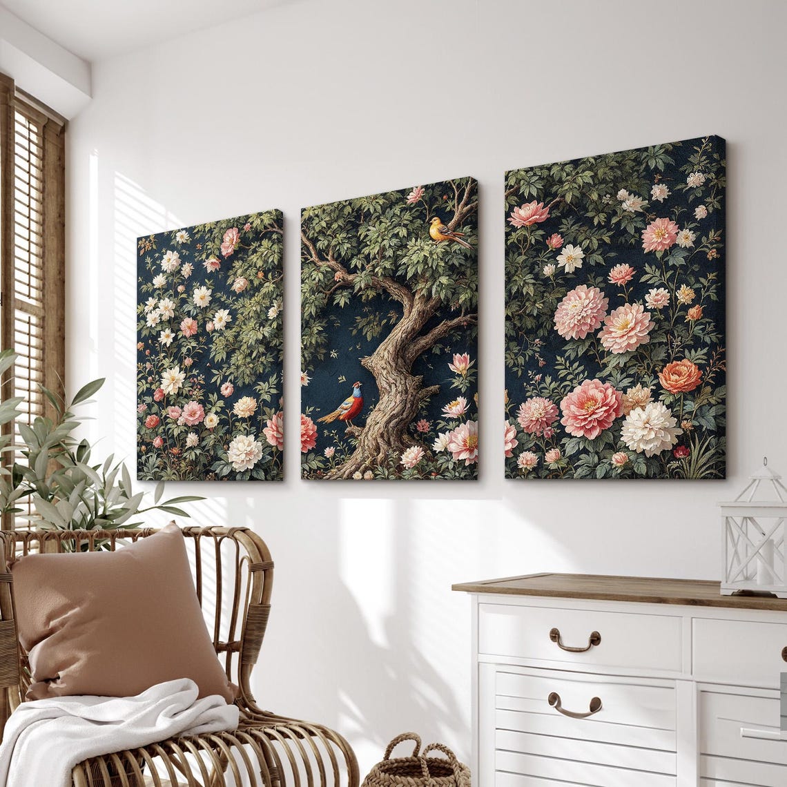 Elegant Vintage Tree and Floral Triptych With Colorful Birds | Dark ...
