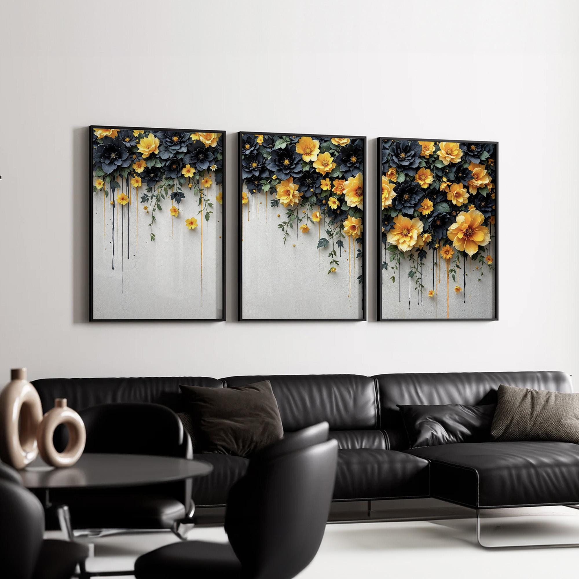 Black and Yellow Floral Wall Art | Set of 3 Dripping Flowers Canvas ...